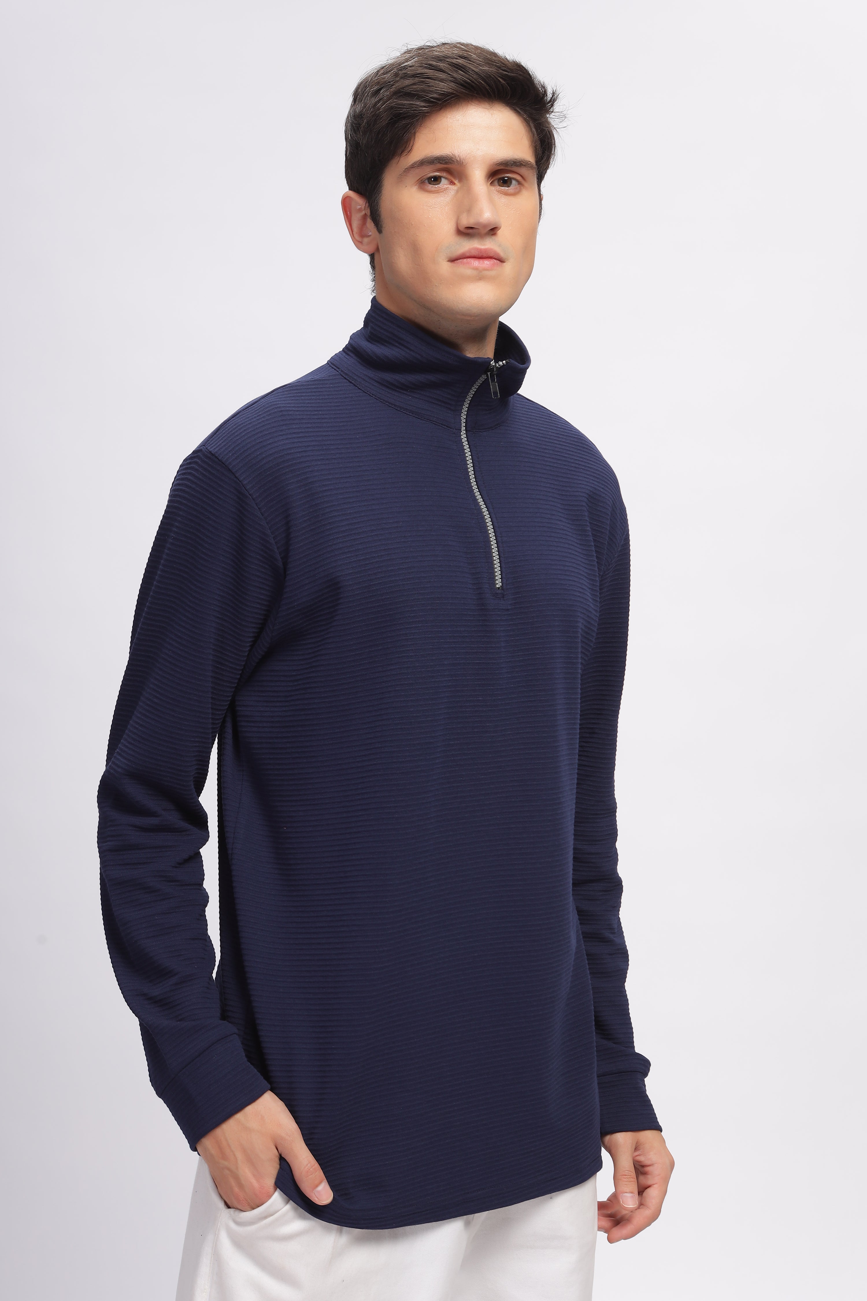 Gritstones Navy Blue Self Design Zipper T-Shirt