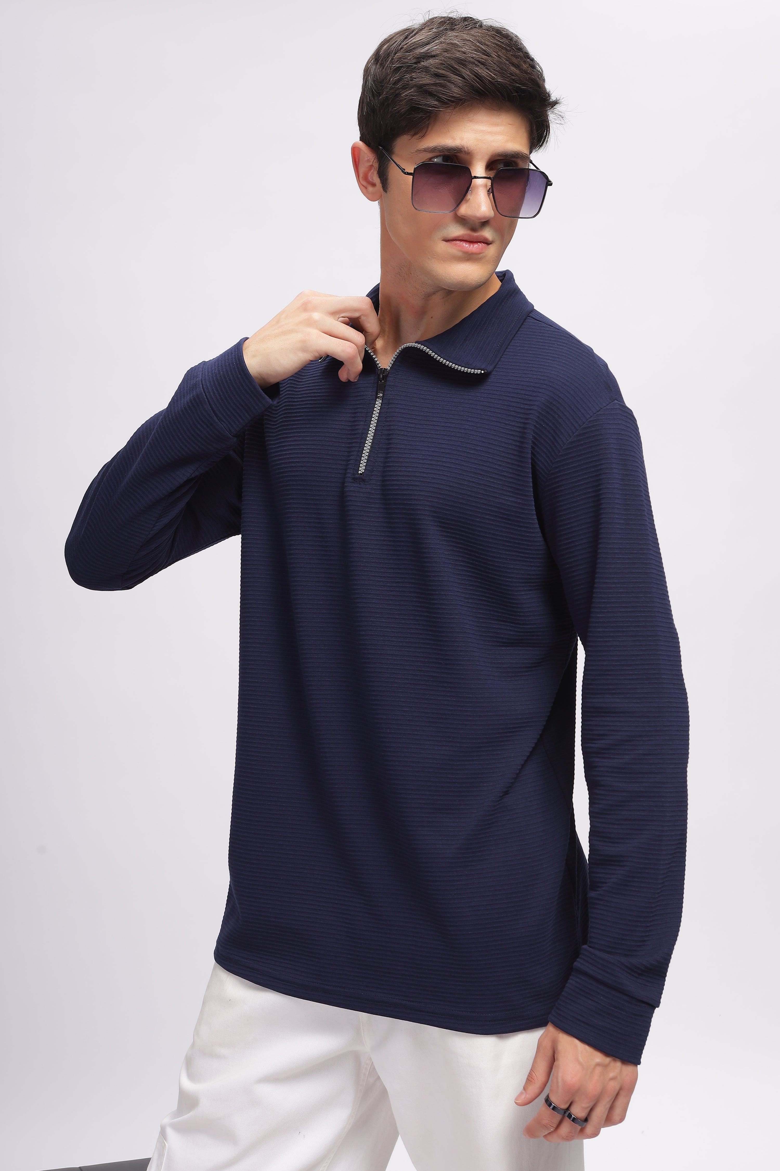 Gritstones Navy Blue Self Design Zipper T-Shirt