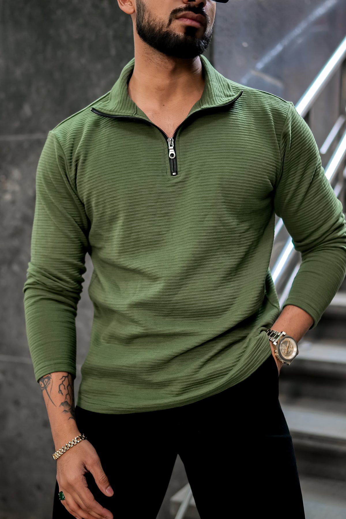 Green Textured Zipper T-Shirt – Gritstones