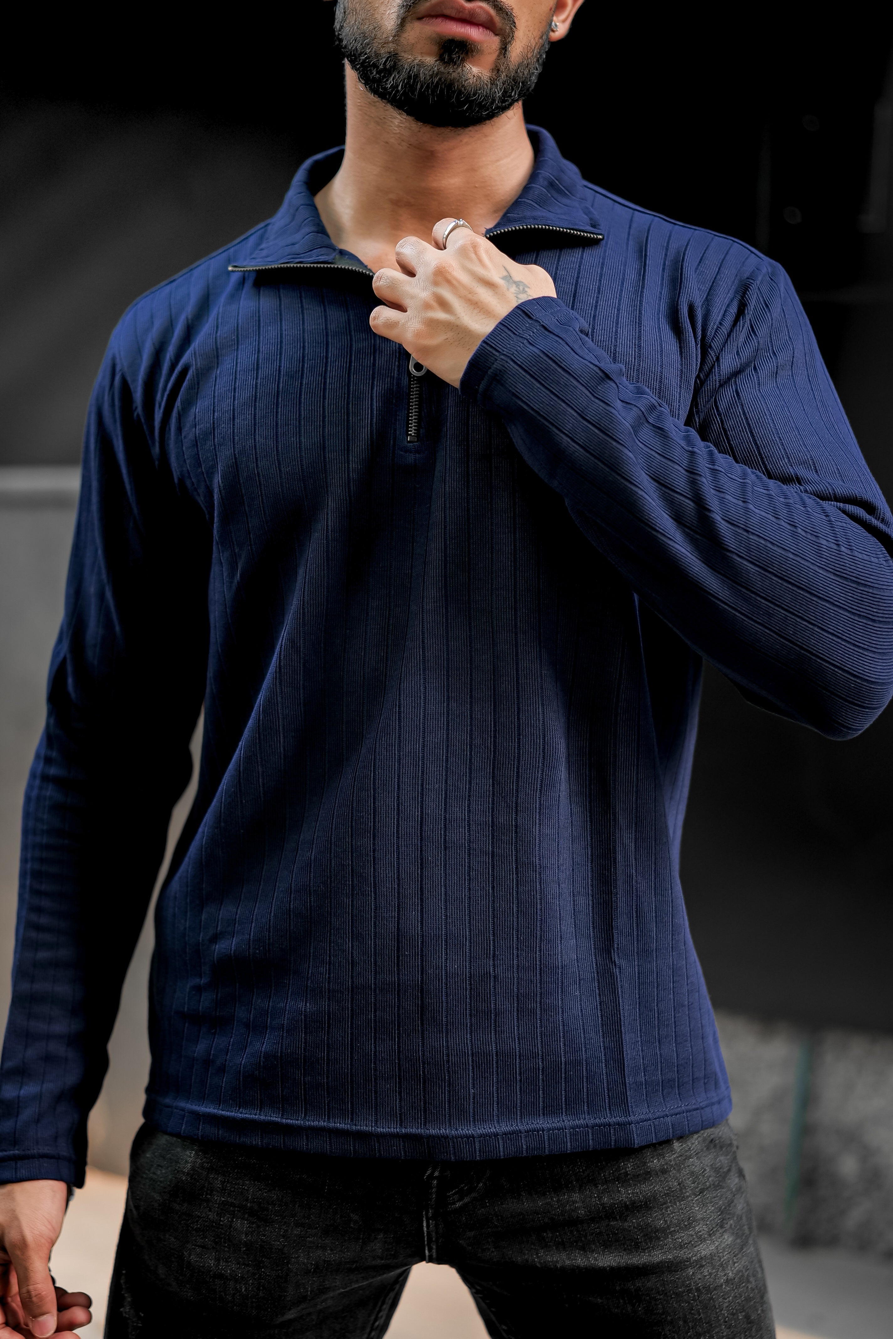 Gritstones Deep Blue Self Design Zipper Neck T-Shirt