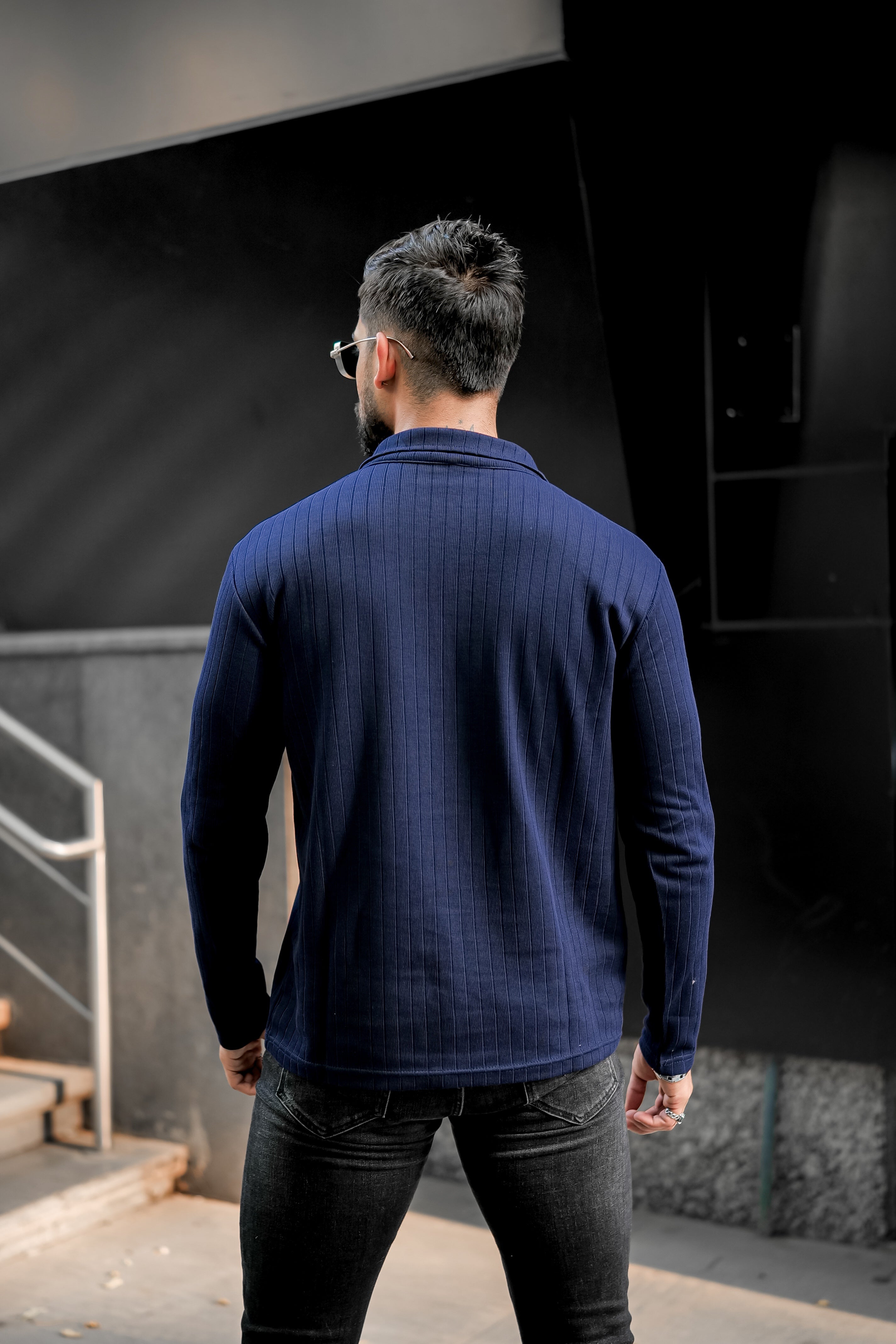 Gritstones Deep Blue Self Design Zipper Neck T-Shirt