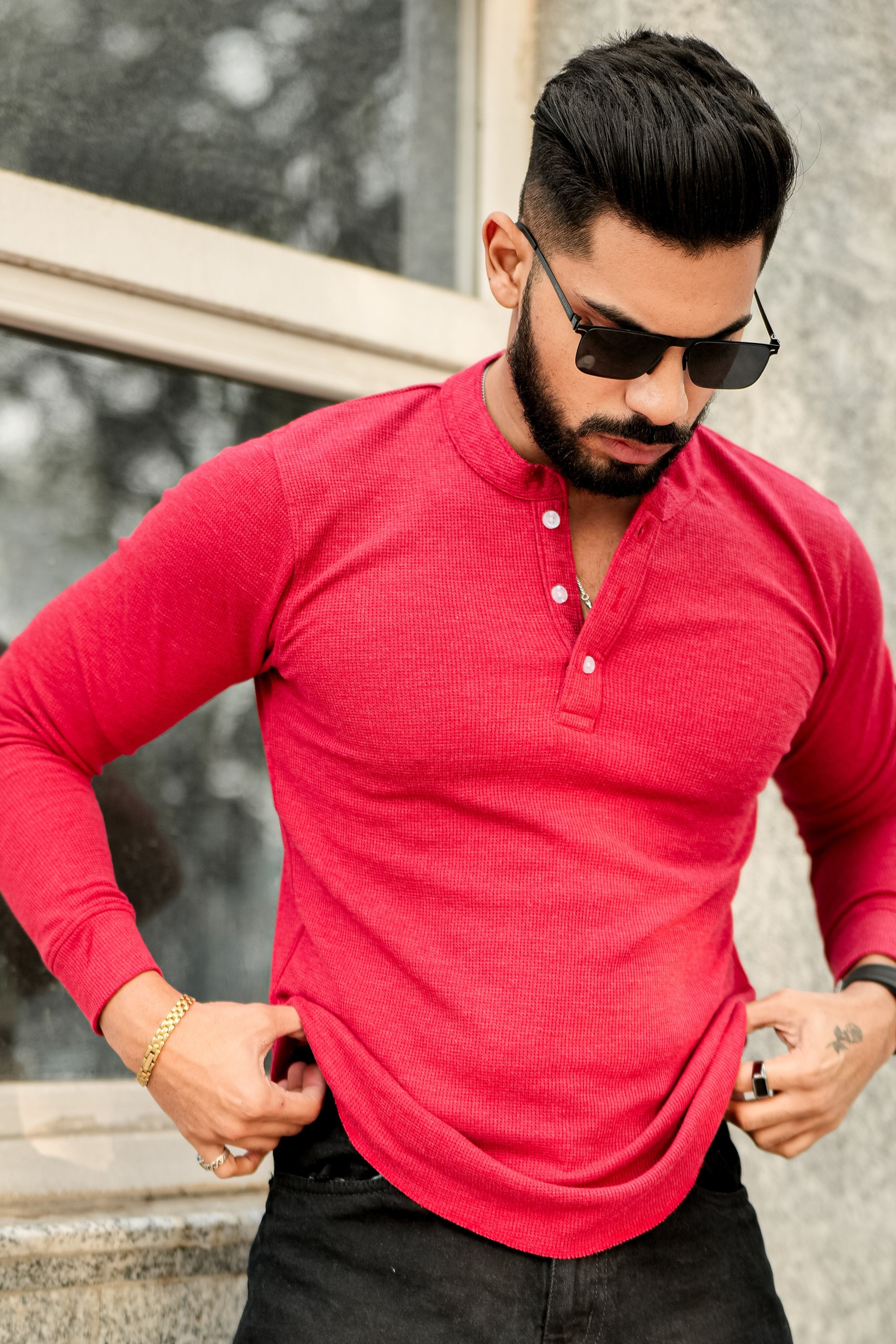 Gritstones Red Self Waffle Knit Henley T-Shirt