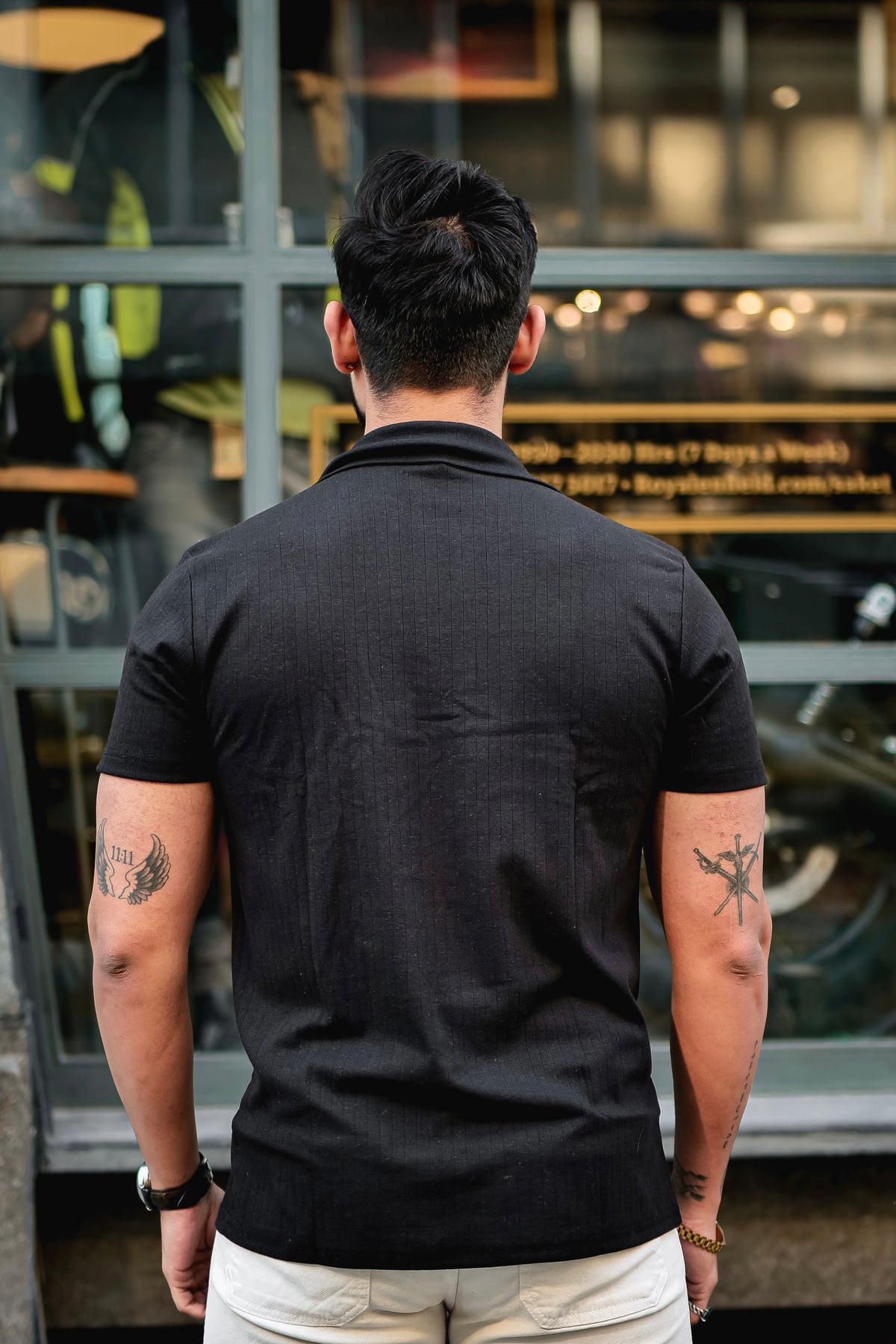 Black Self Design Drop Needle Zipper T-Shirt – Gritstones