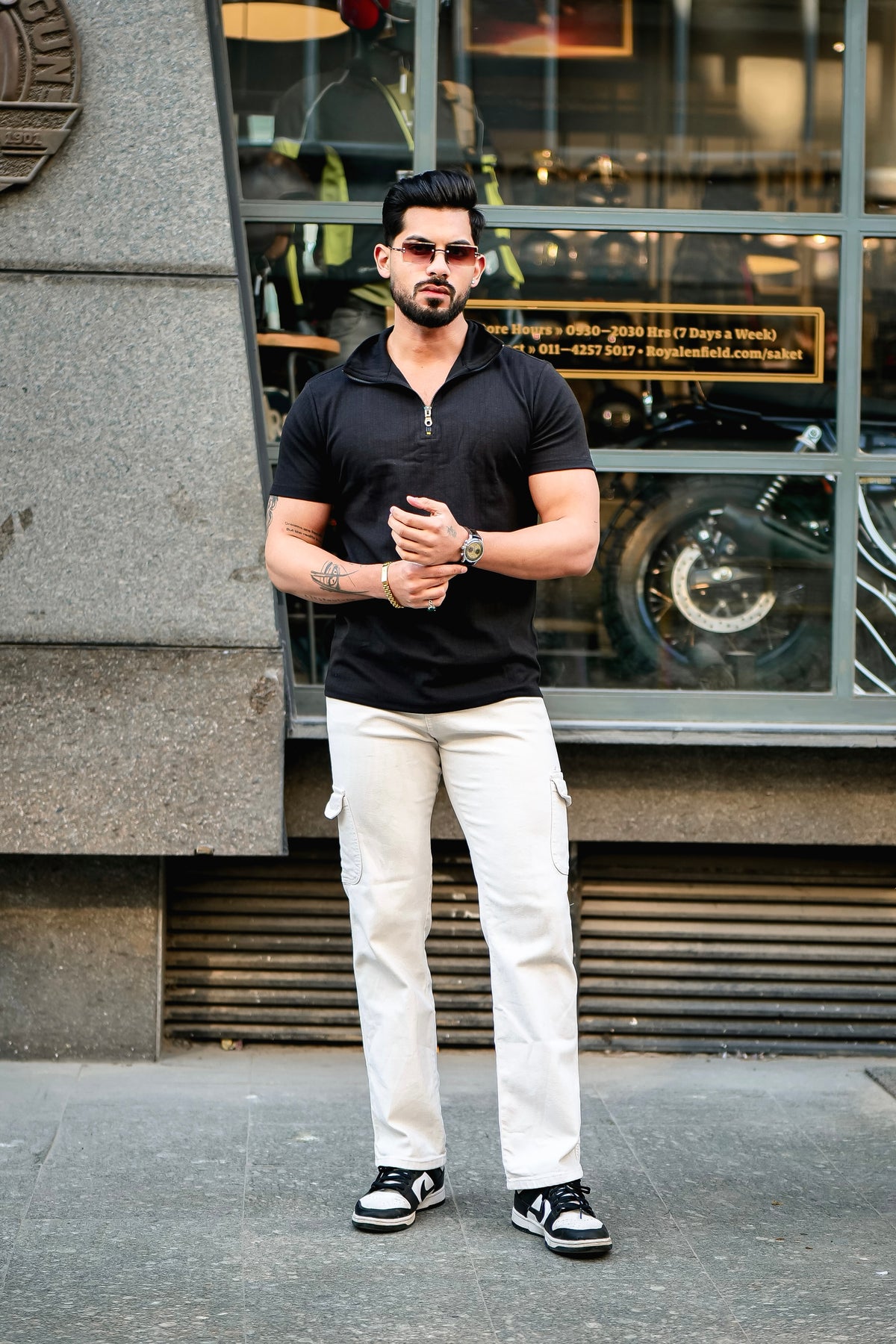 Black Self Design Drop Needle Zipper T-Shirt – Gritstones