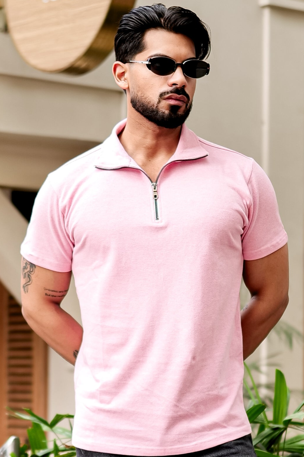 Light Pink Self Design Zipper T-Shirt – Gritstones