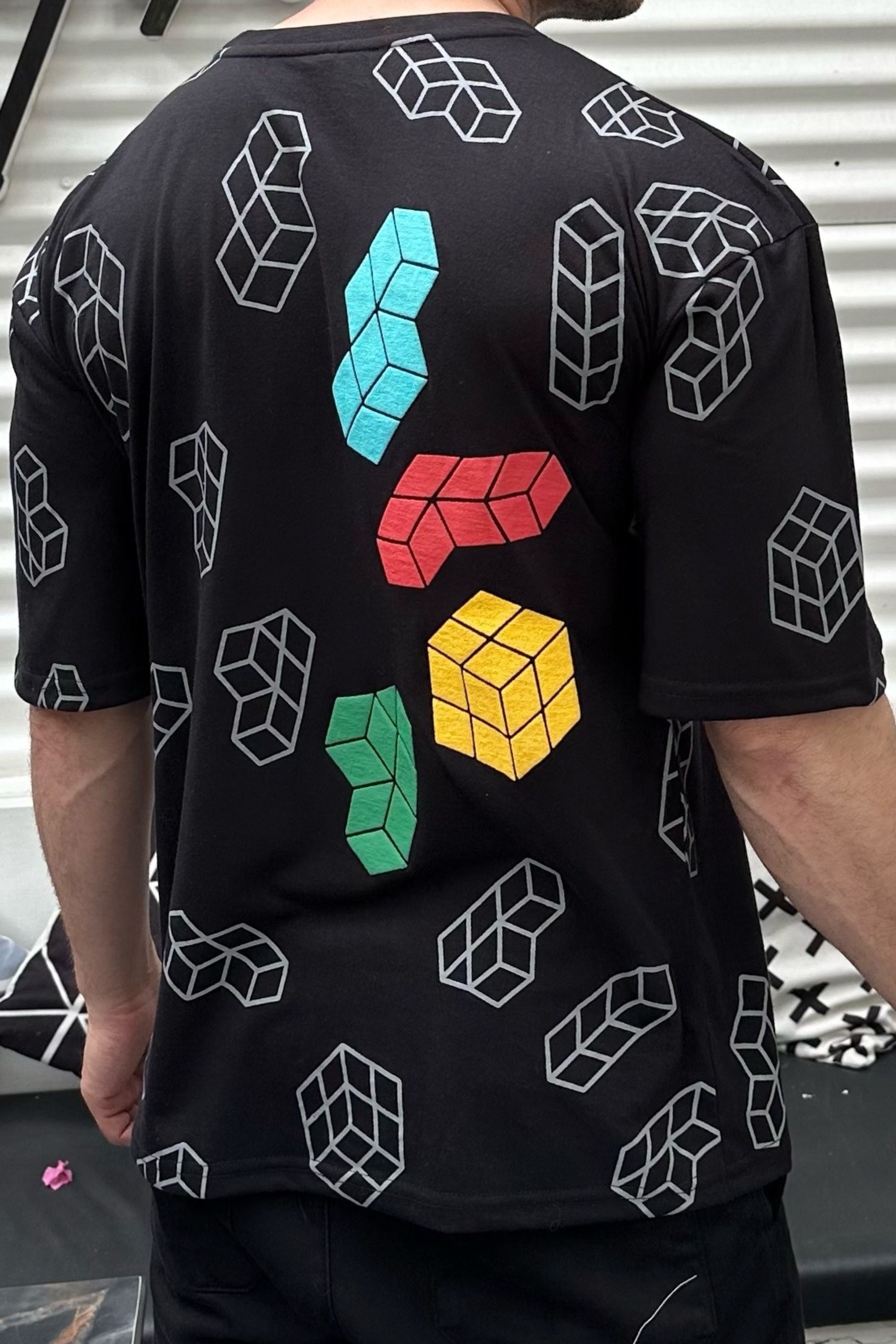 Gritstones Black Oversized Self Design T-Shirt