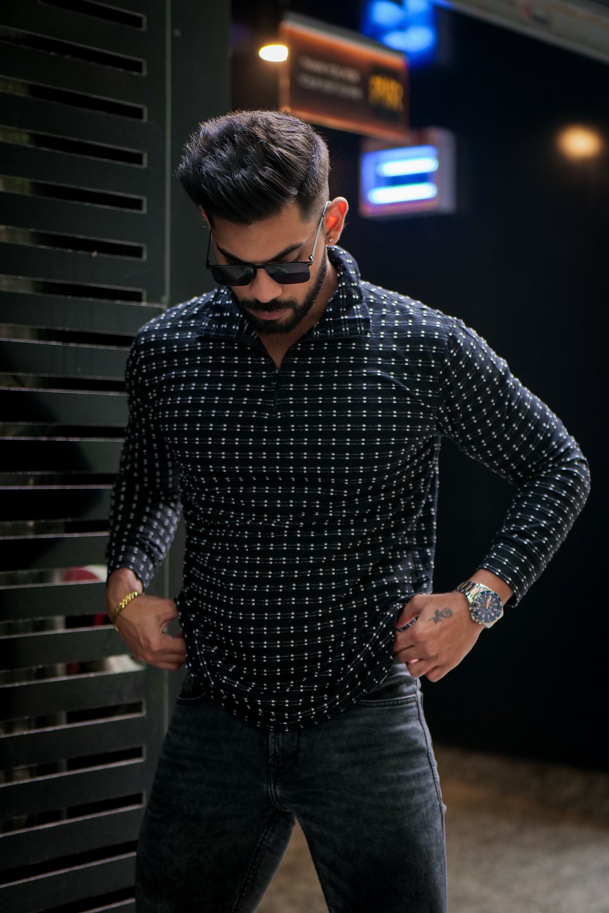 Gritstones Black Self Design T-Shirt